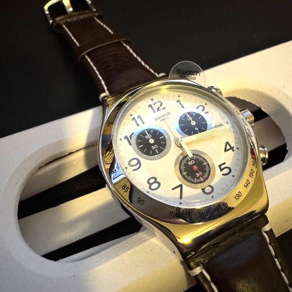 New Swiss Swatch Irony Destination Hamburg leather Chrono Watch 44mm ...