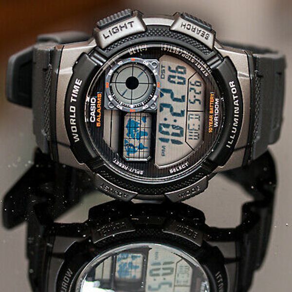 Casio AE1000W-1BV Digital Map Watch 10 Year Battery World Time 5 Alarms ...