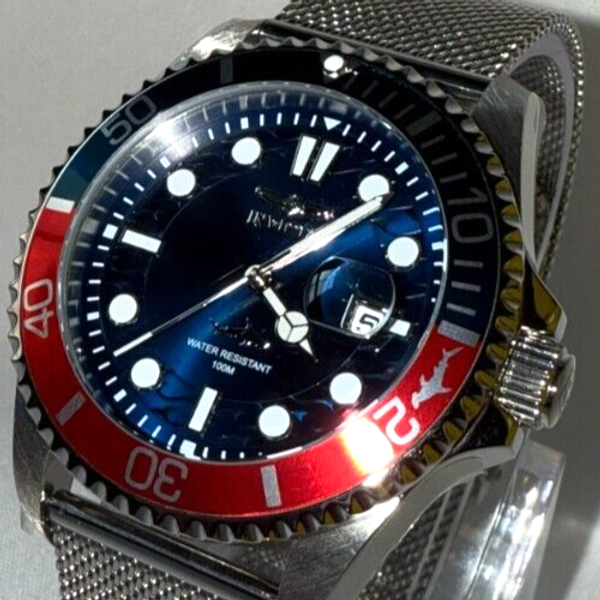 Invicta 47175 Men 43mm Pro Diver Red/Blue Bezel Blue Sunray Dial Mesh ...