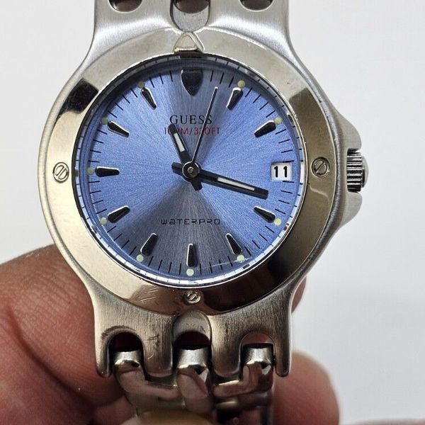 Guess Watch Women 27MM Purple Dial Gray Bracelet 6" Wrist New Battery ...