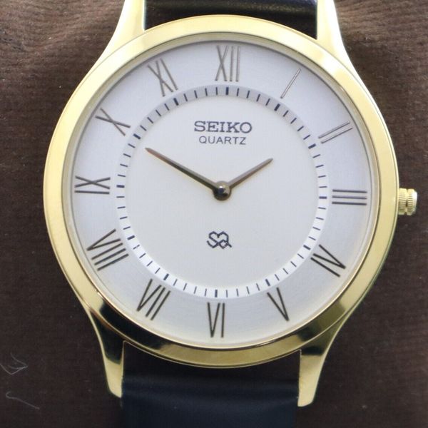 Beautiful SEIKO SUPER SLIM Quartz Men Wrist Watch Leather Band Big Face ...