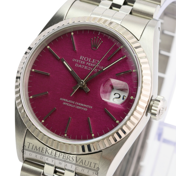 Rolex Datejust Mens Stainless Steel Burgundy Linen Dial Fluted Bezel ...