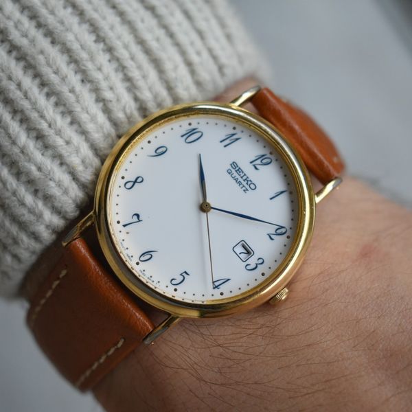 2002 Seiko Quartz Men's Watch Gold Leather Dress Watch Numeral White ...