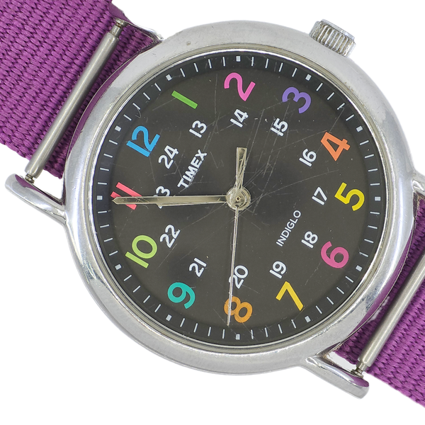 VINTAGE TIMEX WEEKENDER INDIGLO BLACK / RAINBOW DIAL SILVER TONE WATCH ...