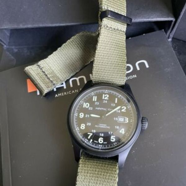 Hamilton Khaki Field Titanium Men's Black Watch with Green Band 42mm ...