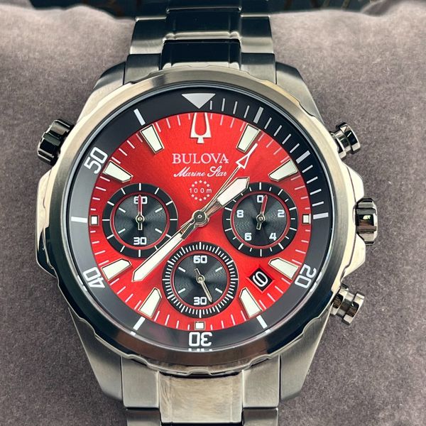 Bulova Marine Star 43MM Red Dial Stainless Steel Quartz Men's Watch ...
