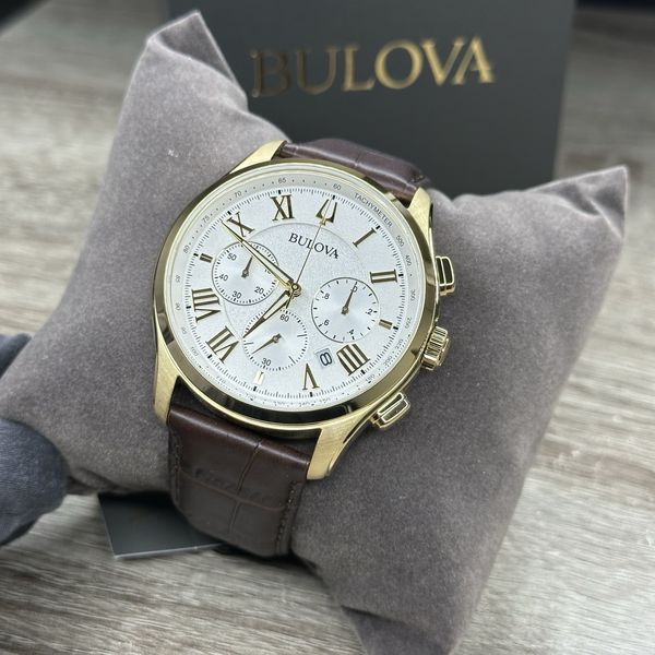 NEWâ Bulova Wilton White Chrono Dial Gold Case Brown Leather Men's ...