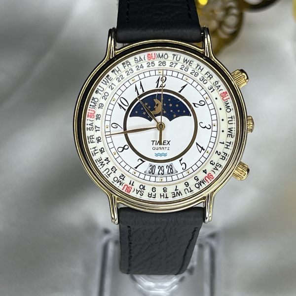 Vintage Timex Watch Mens 38mm Moon & Sun Phase Perpetual Calendar 1991 ...