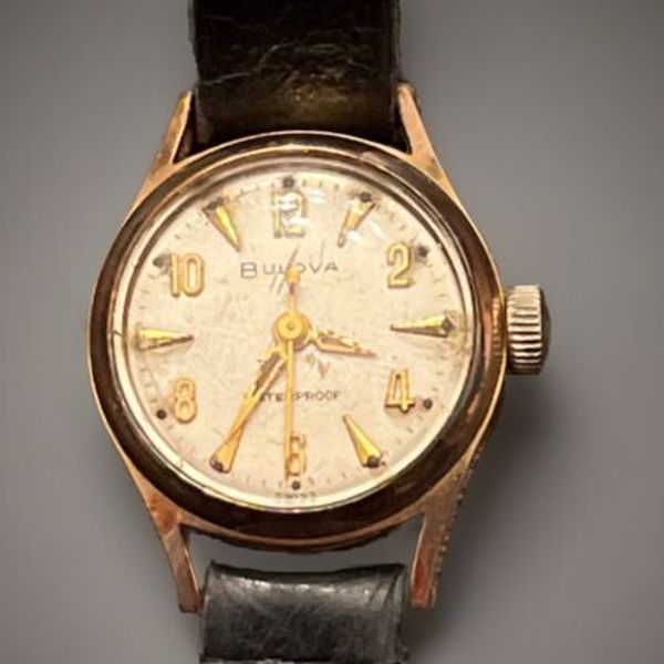 Vintage Bulova Swiss Womenâ s Watch Gold Tone Wind Up Black leather ...