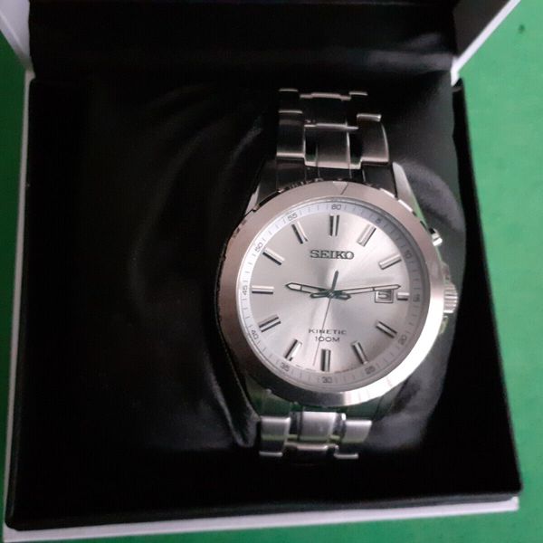 SEIKO KINETIC MEN'S WATCH - SILVER DIAL + DATE WINDOW - NICE CONDITION ...