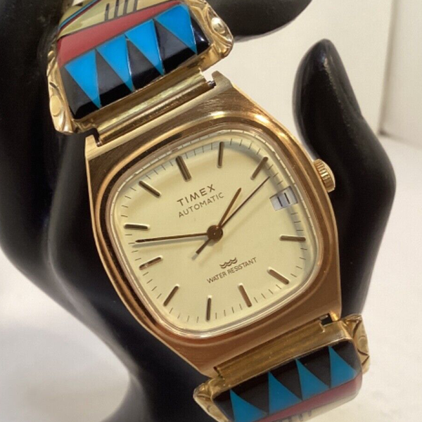 Vintage Timex Automatic Date Gold Tone Watch w/ Turquoise Inlay Band ...