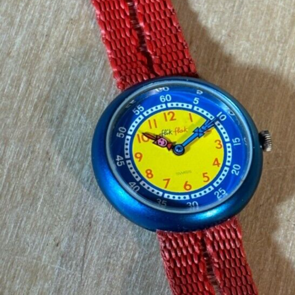Swatch FLIK FLAK Retro Blue Yellow Kids Wristwatch, Red Band Swiss Made 1987 | WatchCharts ...