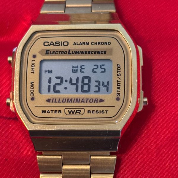 Casio A168 Watch Men 34 mm Digital Gold Tone Alarm Chrono removable ...