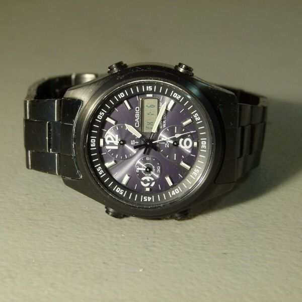 MENS CASIO WVQ 500 ALL BLACK PVD WAVE CEPTOR STAINLESS ANA DIGI WATCH ...