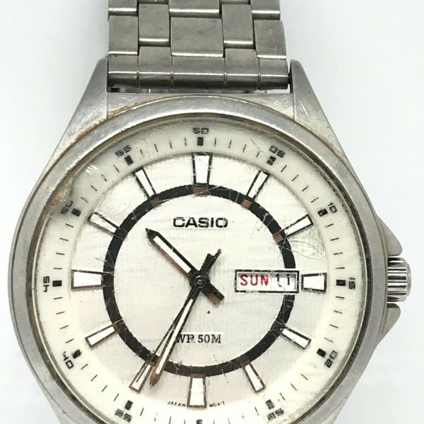 Casio Mens Silver Stainless Steel Watch 5339 MTP-E108 White Dial BROKEN ...