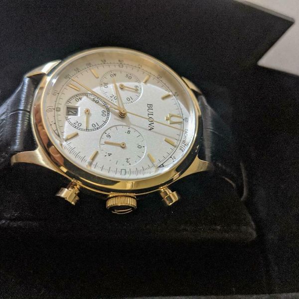 Bulova Mens 97B167 Gold Stainless Steel Black Leather Chronograph Watch ...