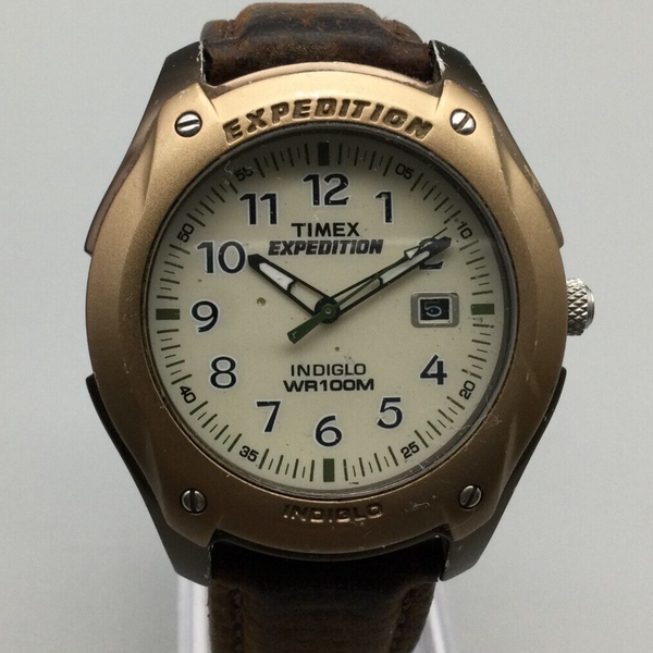 Timex Expedition Watch Men Copper Tone Date 100M Indiglo New Leather ...
