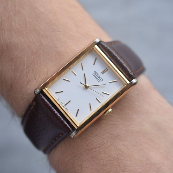 Seiko Gold Square Dial Men's Quartz Tank Leather Watch Date ...