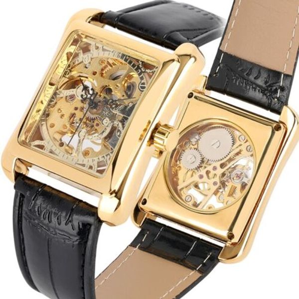 WINNER Mens Mechanical Hand Winding Watches Rectangle Skeleton Dial ...