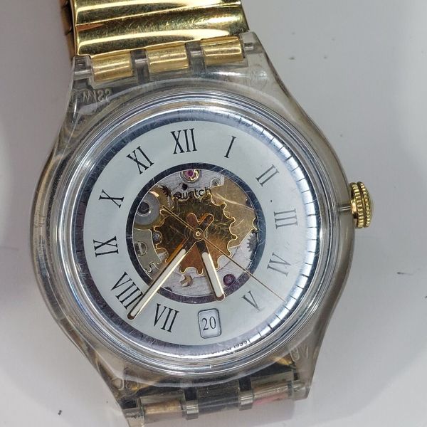1990s Swatch Watch Clear View 23j Automatic Gold Tone Automatic Swatch ...