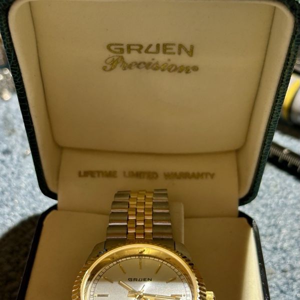 Vtg Gruen Precision Quartz Watch w/Two-Tone Stainless Steel Band Box ...