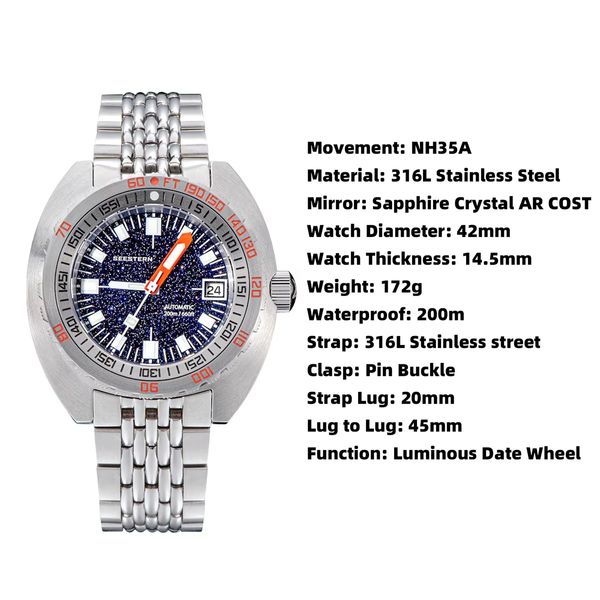 Seestern V3 42MM SUB 300T LUME DATE 200m DIVER'S Mens Watch Blue ...