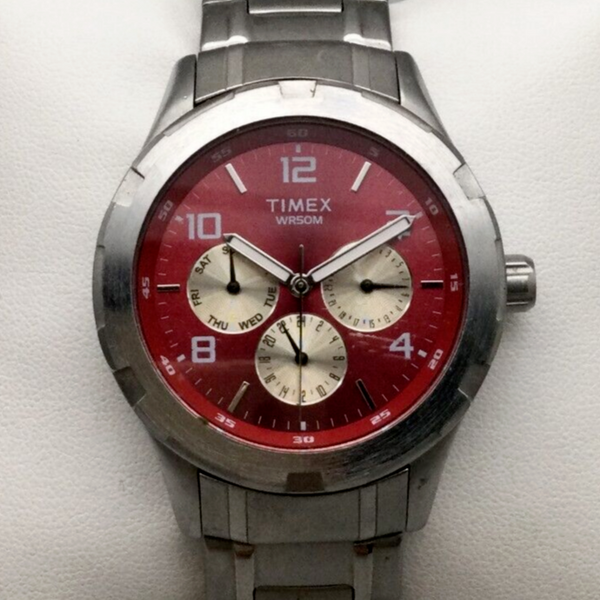 Timex Watch Men 40mm Silver Tone Red Dial Day Date New Battery 8 ...