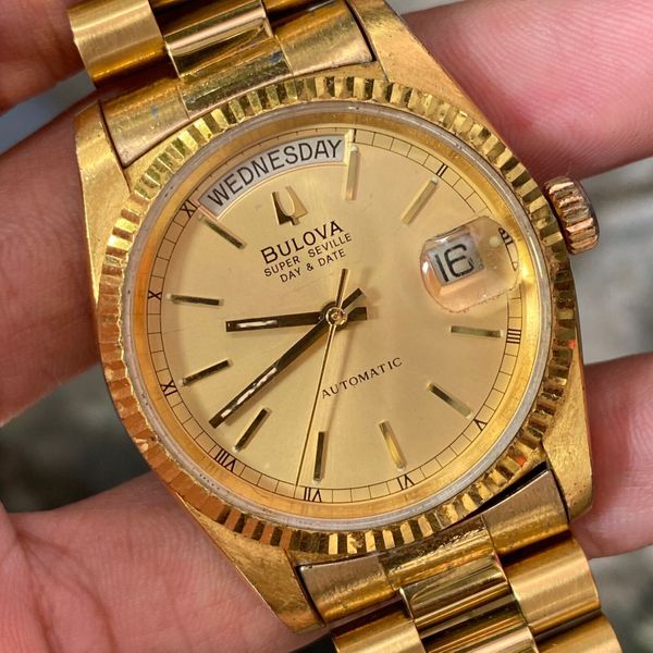 Rare Bulova Super Seville Automatic Day Date Gold Fluted VIntage ...
