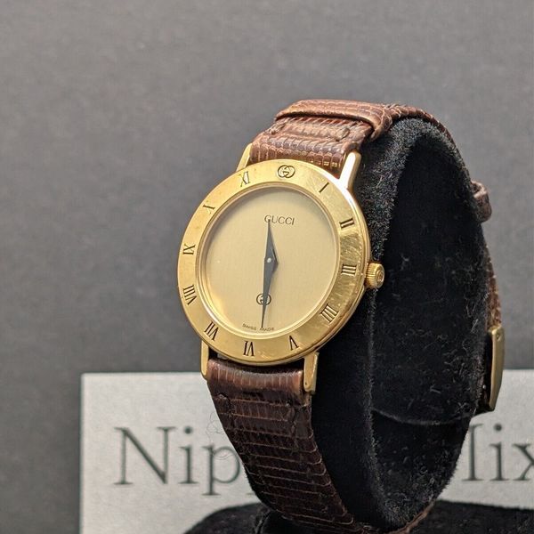 GUCCI 3000L Ladies Swiss-Made Analog Quartz Watch Gold Dial Brown ...