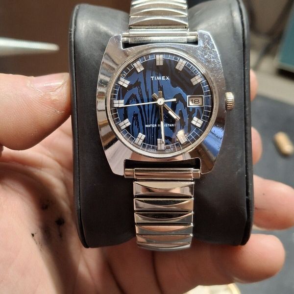 Timex Sprite 1975 Blue Woodgrain Dial Mens Vintage 1970s Mechanical ...