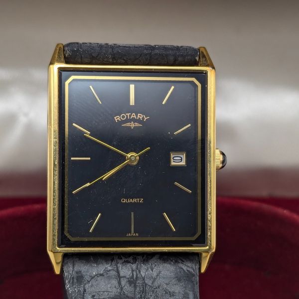Rotary 2185 Tank Quartz Dress Watch - Black Dial Gold Case Leather ...