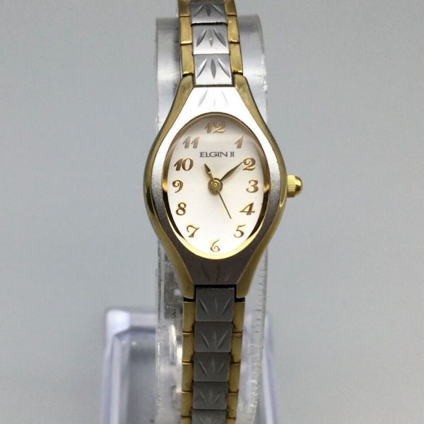 Elgin Watch Women 18mm Silver Gold Two Tone White Oval Dial New Battery ...