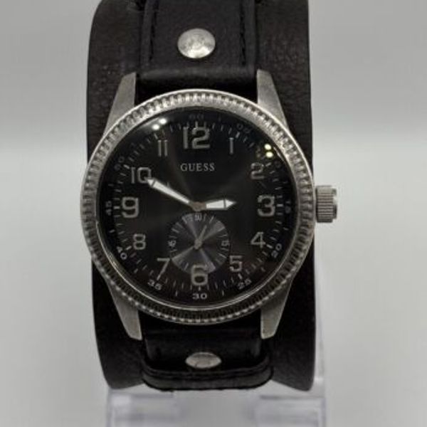 Guess W12076G1 Men's Leather Wide Band Analog Quartz Wrist Watch ...