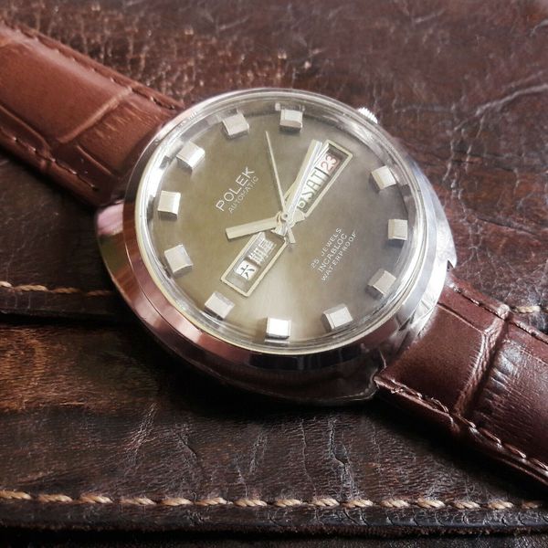VINTAGE POLEK AUTOMATIC DAY DATE 25 JEWELS F JAPAN SWISS ALL STEEL FOR ...