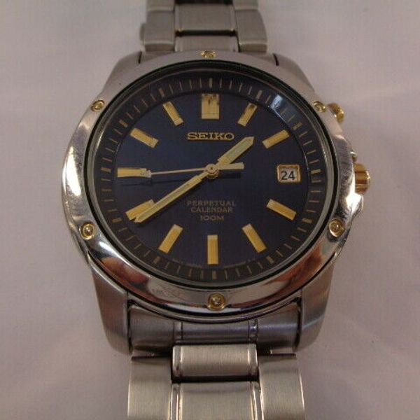 SEIKO PERPETUAL CALENDAR MENS WATCH DATE QUARTZ BLUE DIAL 6A32-00B0 ...