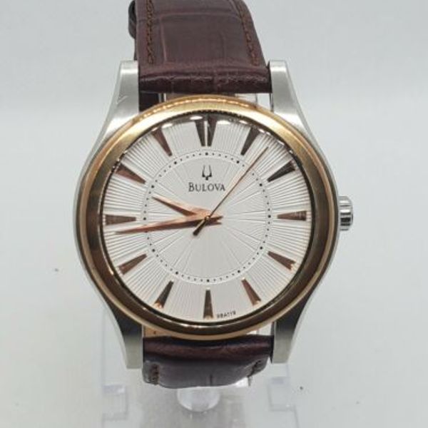 BULOVA 98A119 TWO TONE MEN'S WATCH 40MM SILVER DIAL BROWN LEATHER BAND ...