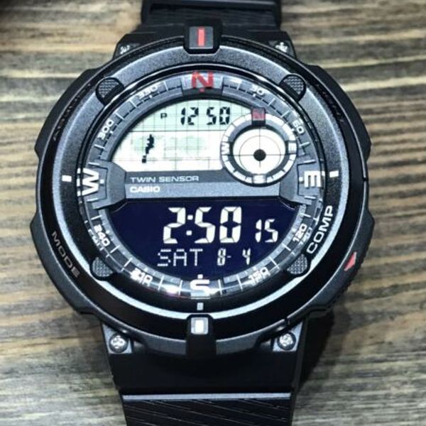 Casio Mens Black Twin Sensors Thermometer Compass 100m Tough Tactical ...