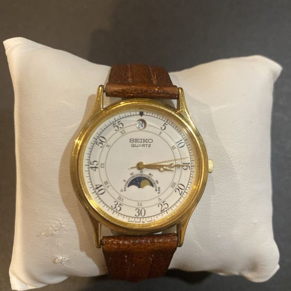 Vintage Seiko Moon Phase Watch White Dial Gold Tone Date 6F22-7009 ...