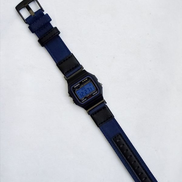 Casio F-91W Custom Blue Nylon & Leather Strap + Blue Display Filter ...