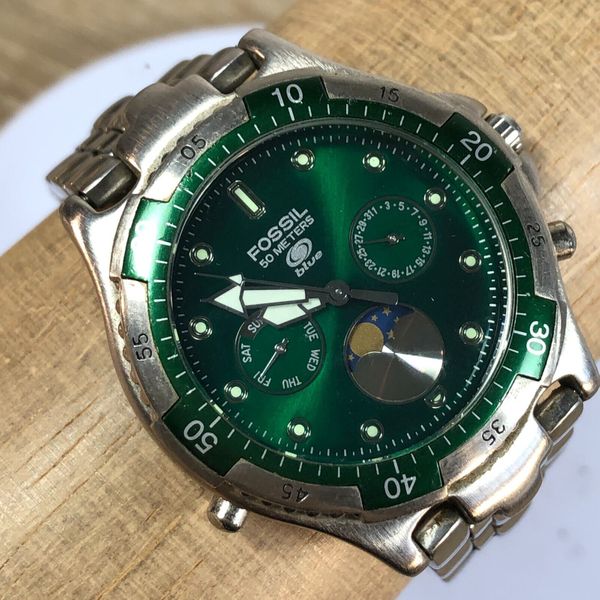 Vintage Fossil Blue Mens Green Dial Moon Phase Day Date BQ9008 Quartz ...
