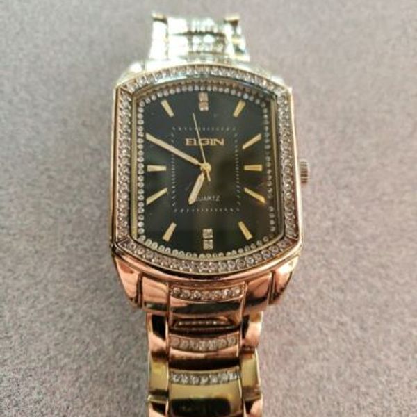 Elgin Mens Gold Tone Rectangle Dress Quartz Metal Band Watch W stone ...