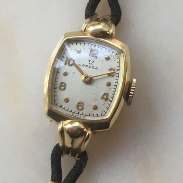 Vintage Ladies Omega Cocktail Watch Black Cord Band 14K Yellow Gold ...