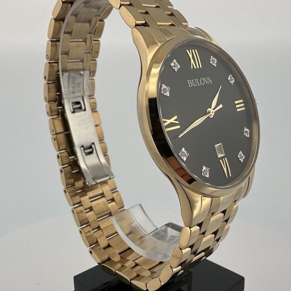 Bulova Men's Gold Tone/Diamond Black Dial 97D108 Classic Quartz Watch ...