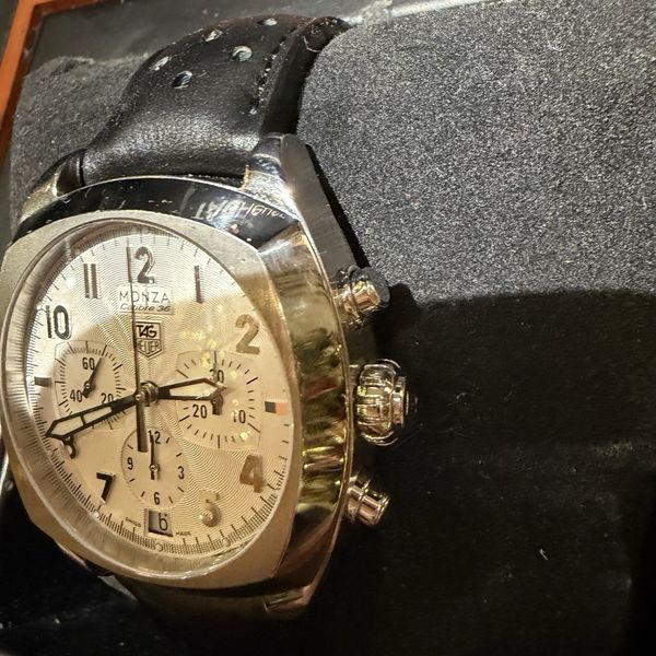 Tag Heuer Monza Calibre36 watch with silver guilloche dial and black ...