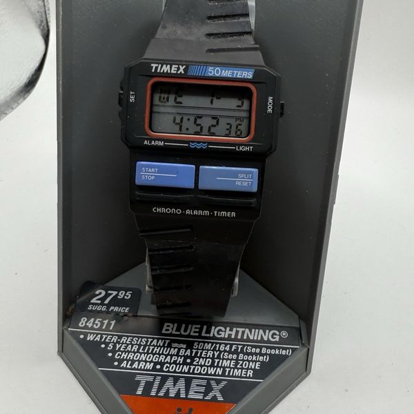 RARE NOS TIMEX BLUE LIGHTNING MENâ S DIGITAL WATCH 84511 W/ STAND WORKS ...