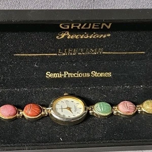 Stunning Vintage Gruen Precision Watch Women Gold Tone Scarab Gemstones ...