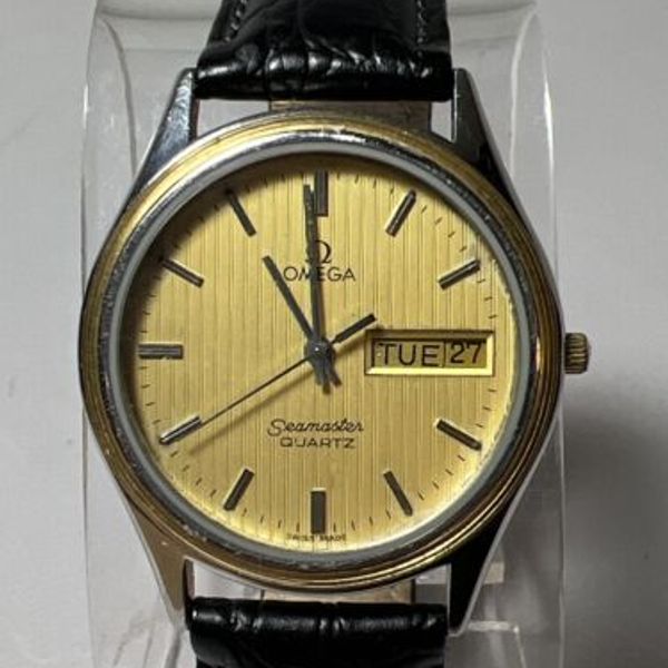 RARE 34mm Omega Seamaster 1425 Quartz Day Date Gold Tone Stripe Dial ...