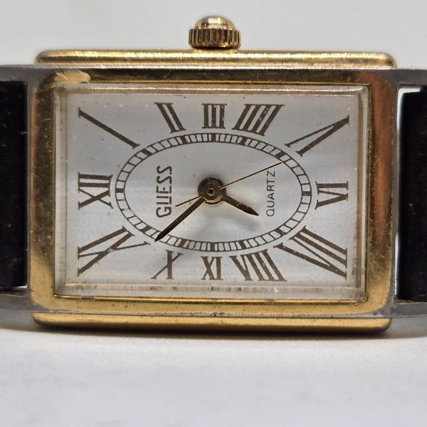 Vintage Guess 1988 Gold Tone 20mm Tank Watch. Brown Leather Strap. New ...