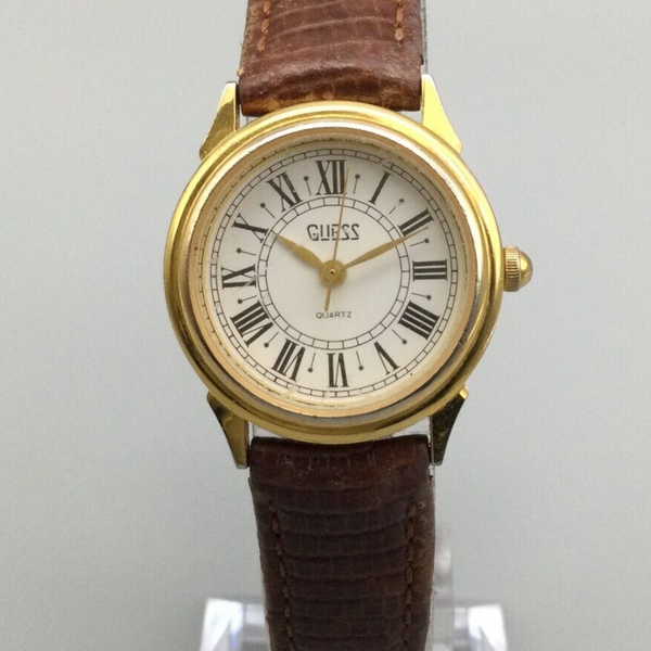 Vintage Guess Watch Women Gold Tone Brown Leather Band New Battery 1990 ...