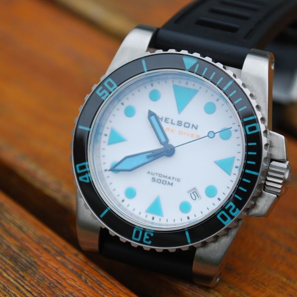 WATCH IS SOLD - HELSON SHARK DIVER 40mm - OHPF - WHITE AND TURQUOISE ...